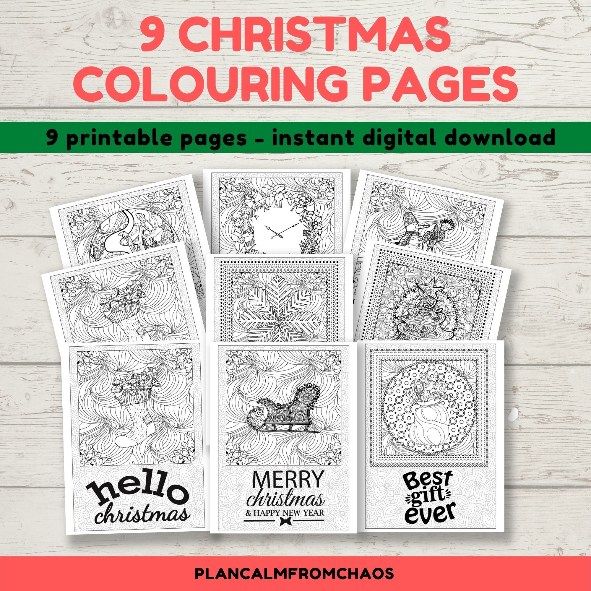 Christmas Colouring Pages, DIGITAL DOWNLOAD, 9 Printable Designs, Xmas ...
