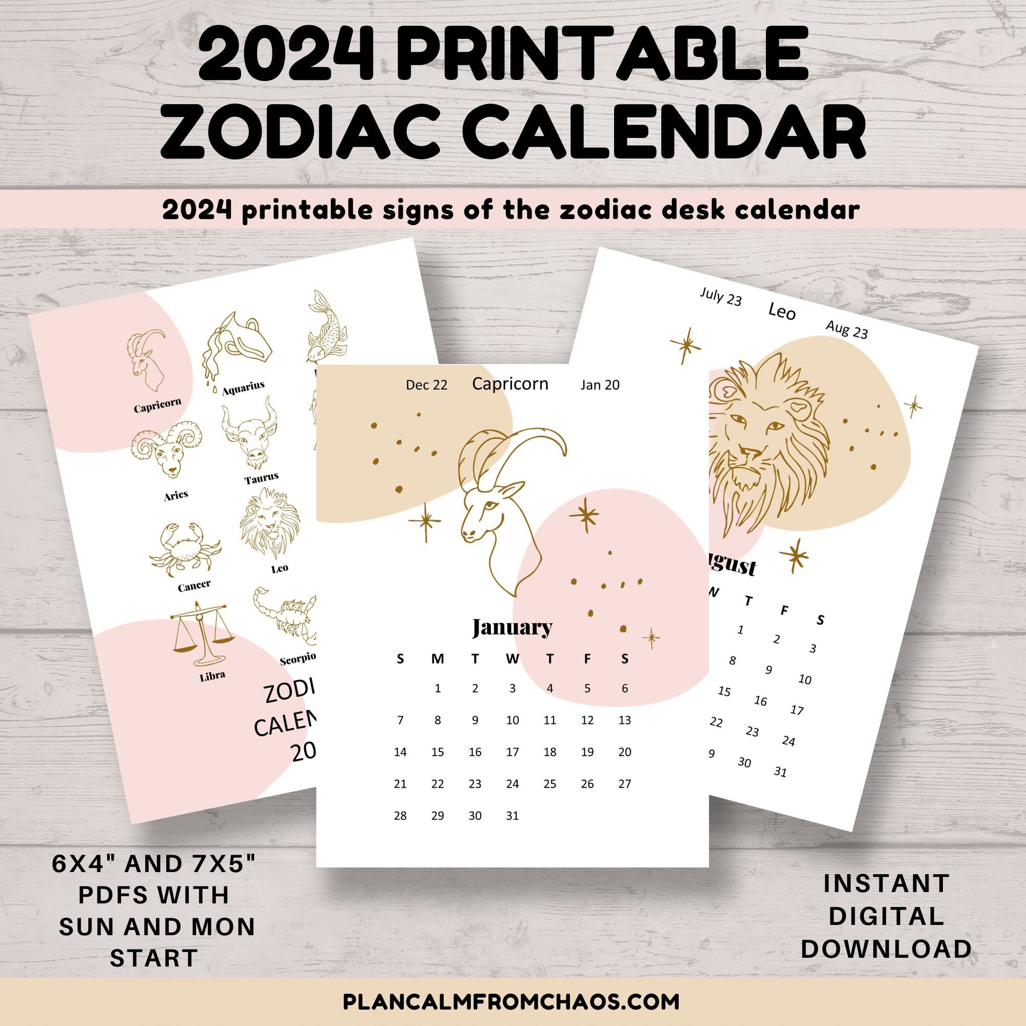 Printable 2024 Zodiac Desk Calendar, DIGITAL DOWNLOAD, Stylish ...