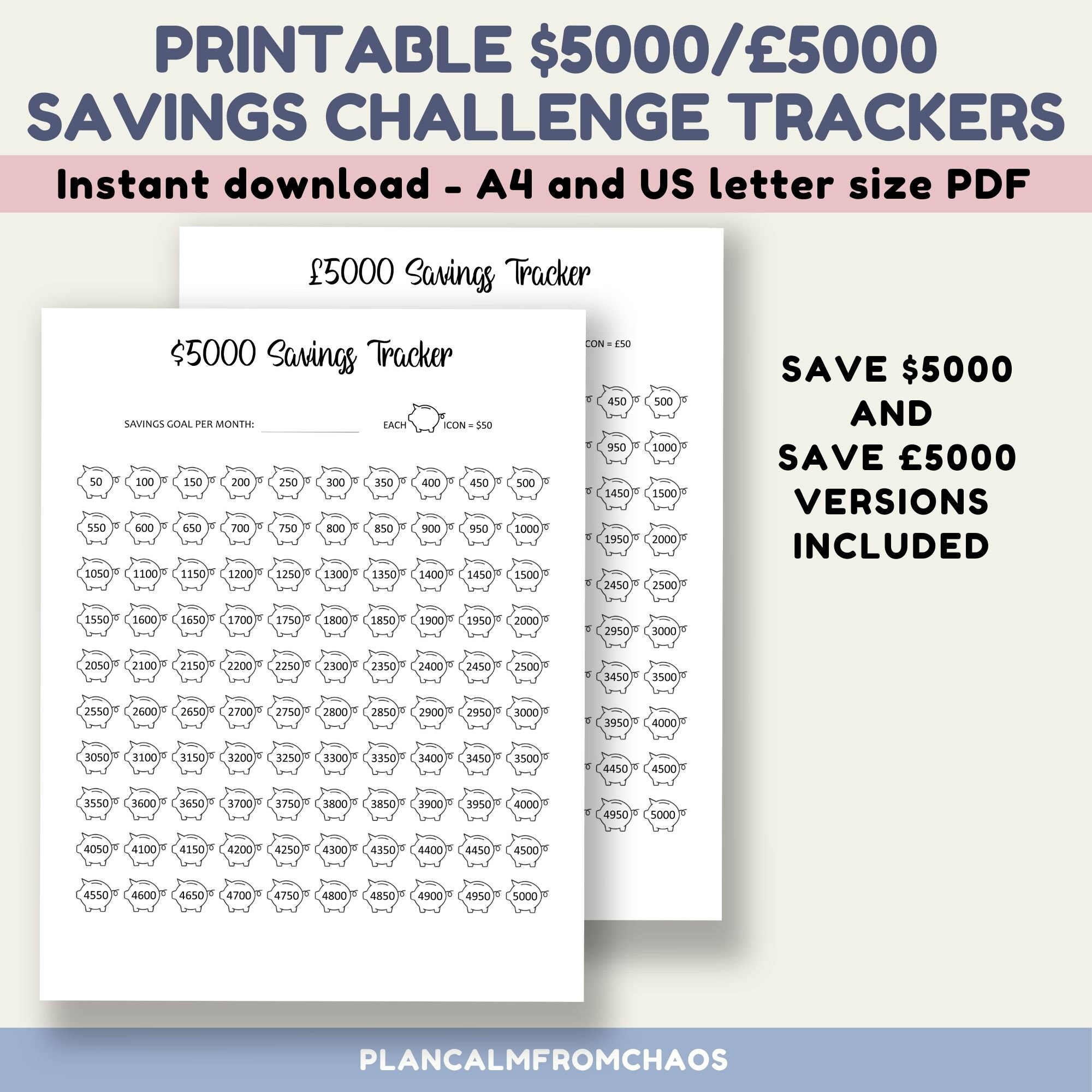 5K Savings Tracker Printable. DIGITAL DOWNLOAD. Printable 5000 | Etsy