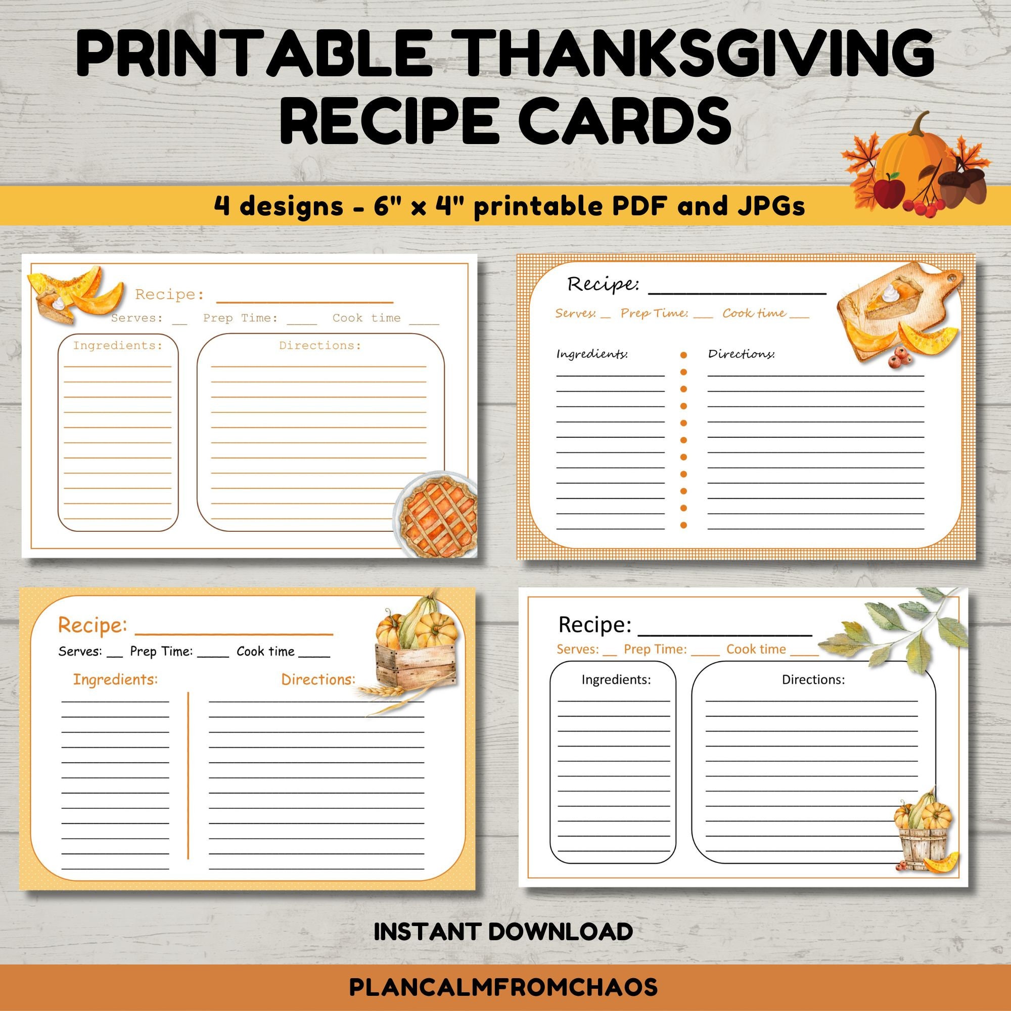 Printable Thanksgiving Recipe Cards, Digital Download, 6x4, 4 ...