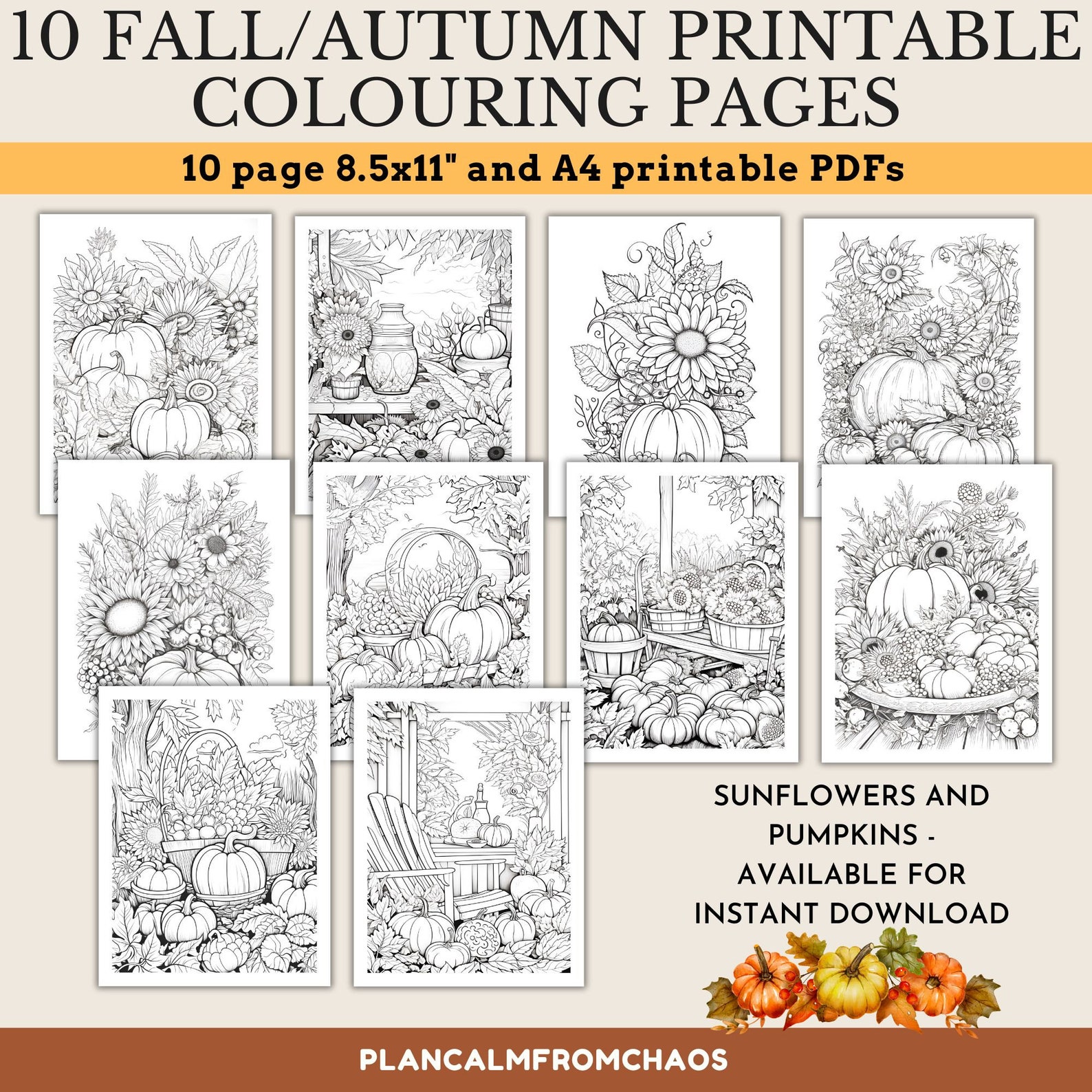 10 Printable Fall Colouring Pages, DIGITAL DOWNLOAD, 10 Beautiful ...