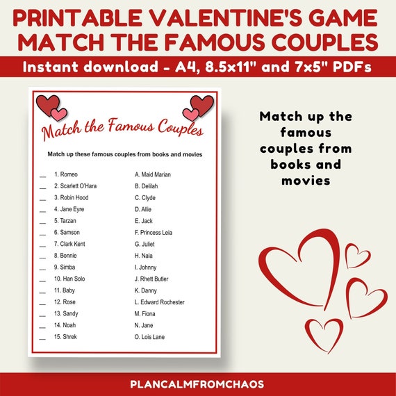 Valentines Day Printable Games Match the Famous Couples | Etsy