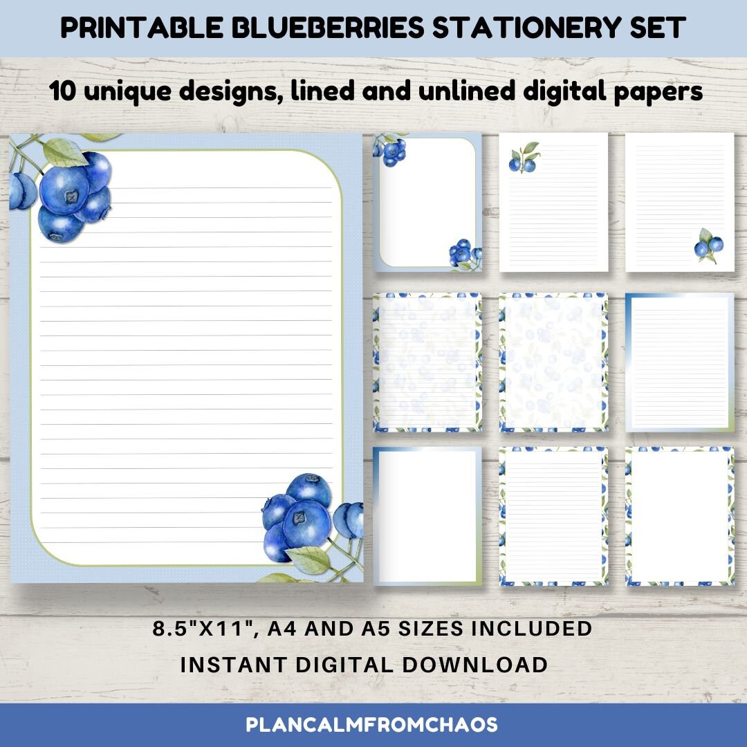 Printable Blueberry Stationery, DIGITAL DOWNLOAD, Printable Writing ...