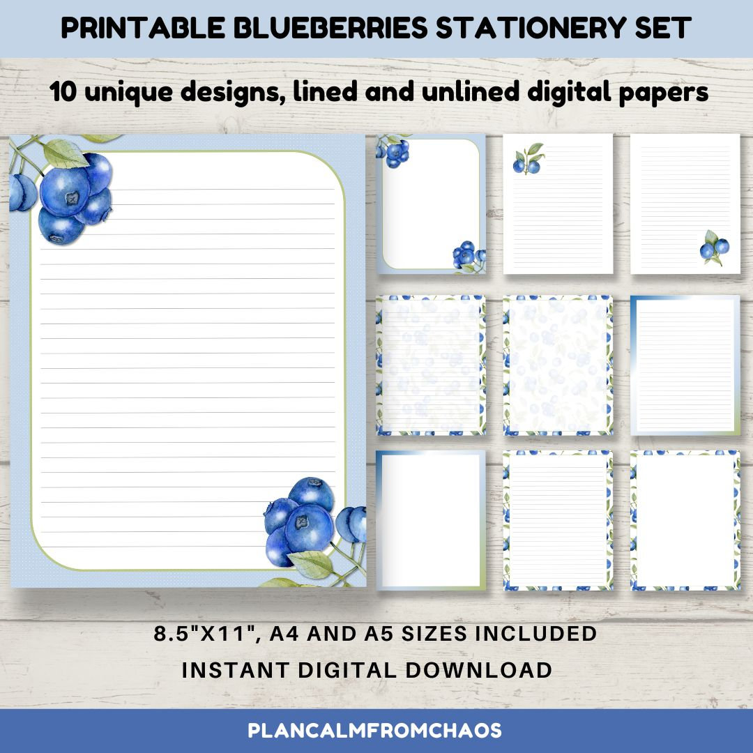 Printable Blueberry Stationery, DIGITAL DOWNLOAD, Printable Writing ...