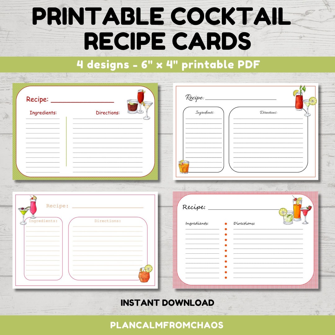 Printable Cocktail Recipe Cards, Digital Download, 6"x4", 4 Cocktail ...