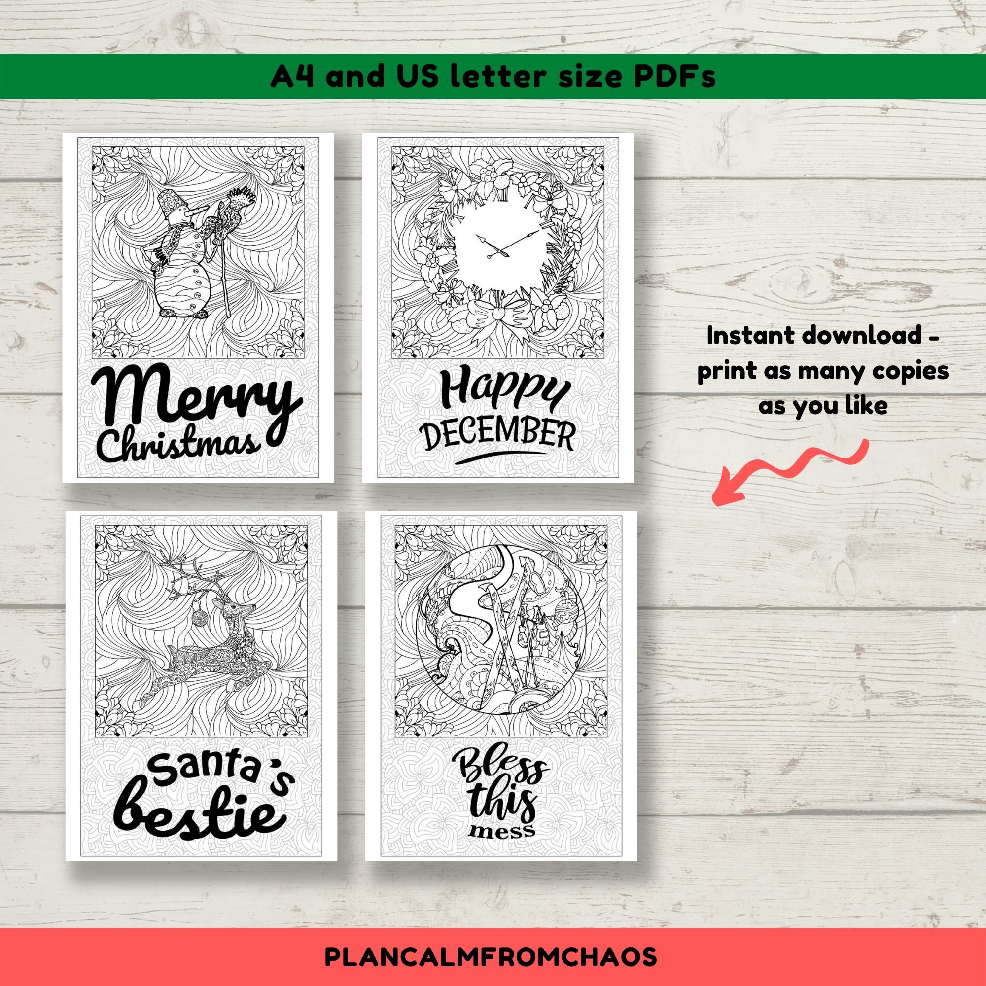 Christmas Colouring Pages, DIGITAL DOWNLOAD, 9 Printable Designs, Xmas ...