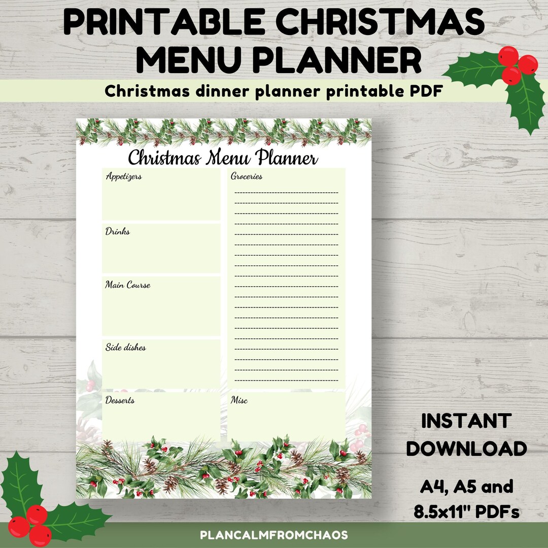 Printable Christmas Menu Planner. DIGITAL DOWNLOAD. Christmas Dinner ...