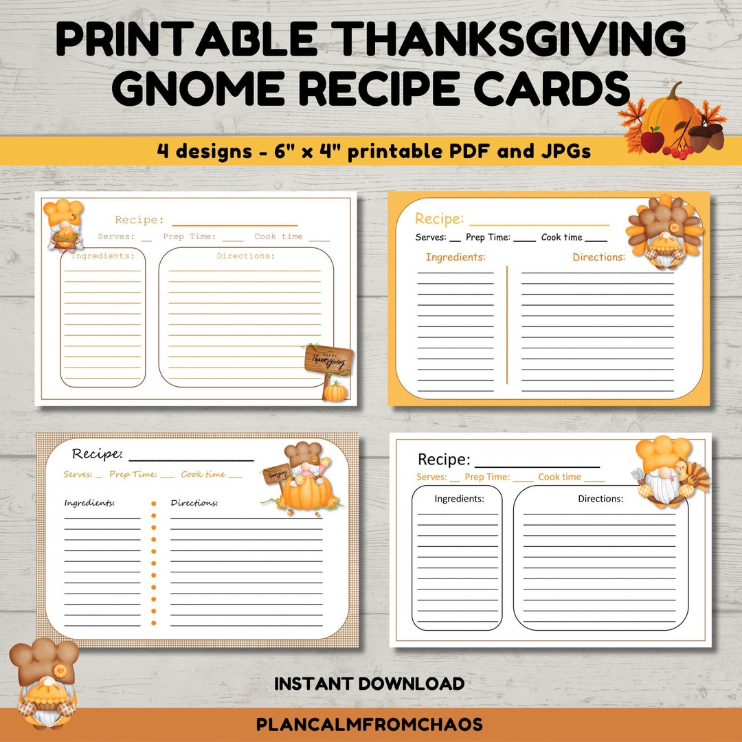 Printable Thanksgiving Gnome Recipe Cards, Digital Download 6"x4", 4 ...