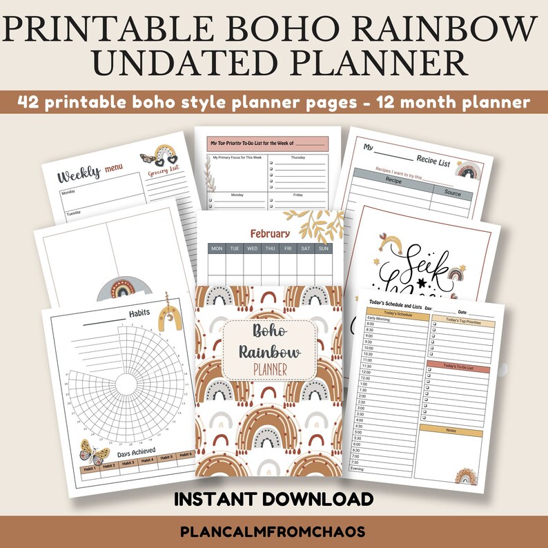 Printable Rainbow Boho Undated Planner, DIGITAL DOWNLOAD, 42 Page Boho ...