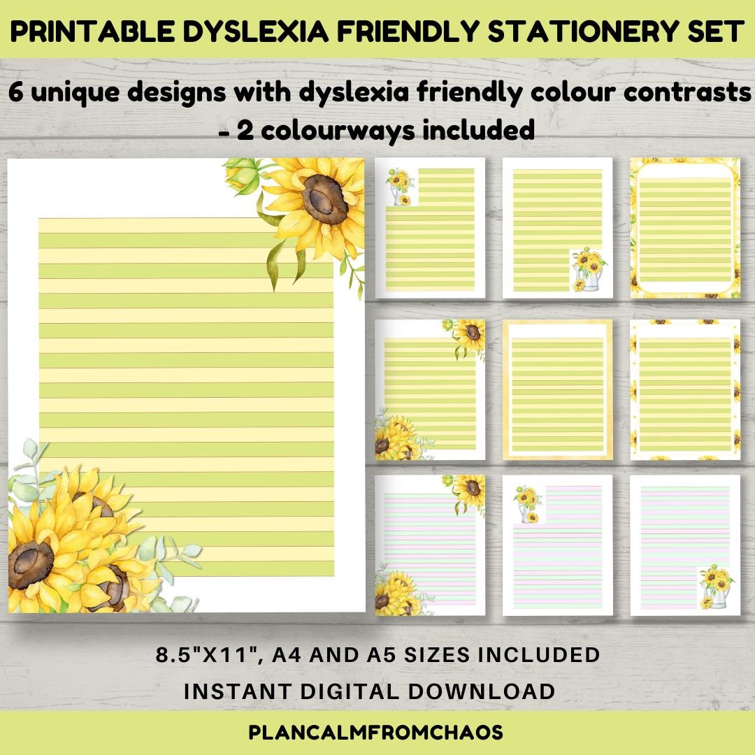 Printable Dyslexia Friendly Sunflower Stationery, DIGITAL DOWNLOAD, A4 ...