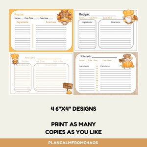 Printable Thanksgiving Gnome Recipe Cards, Digital Download 6"x4", 4 ...