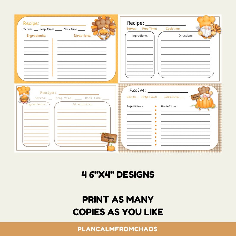 Printable Thanksgiving Gnome Recipe Cards, Digital Download 6x4, 4 ...