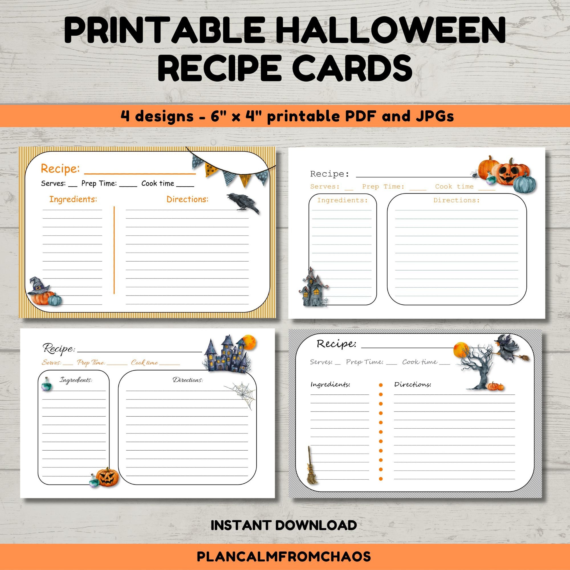 Printable Halloween Recipe Cards, DIGITAL DOWNLOAD, 6x4, 4 Spooky ...