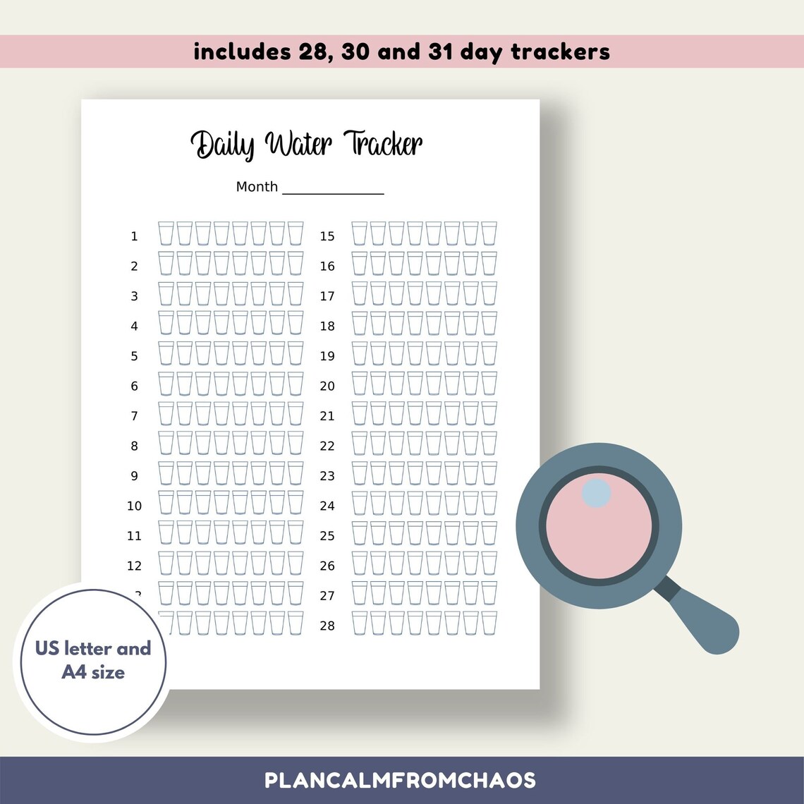 Daily Water Tracker Printable. DIGITAL DOWNLOAD. 28, 30 and 31 Day ...
