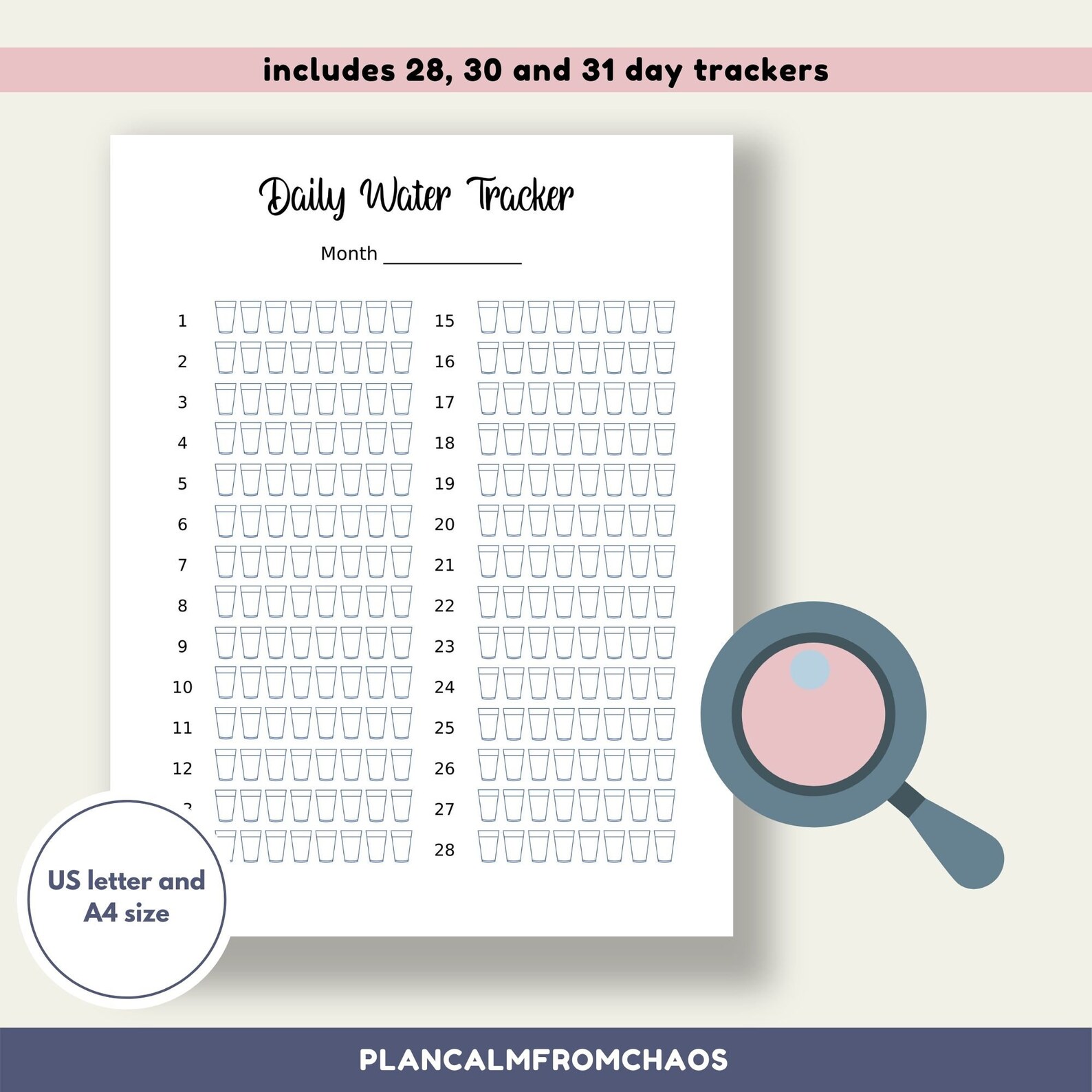 Daily Water Tracker Printable. DIGITAL DOWNLOAD. 28, 30 and 31 Day ...