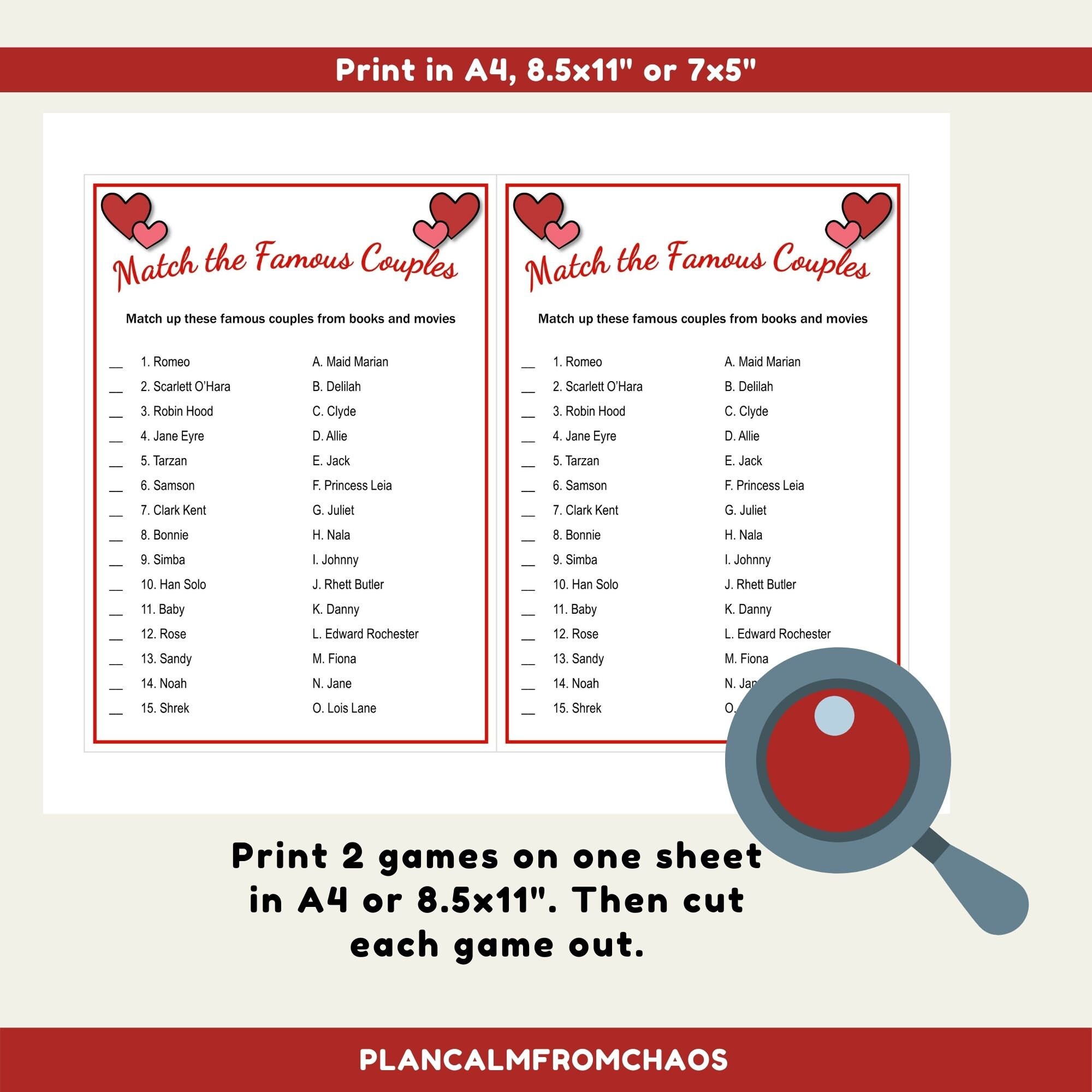 Valentines Day Printable Games, Match the Famous Couples, DIGITAL ...