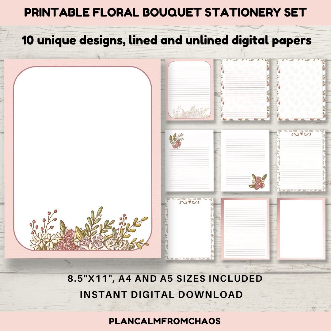 Printable Floral Stationery Set, DIGITAL DOWNLOAD, Printable Writing ...