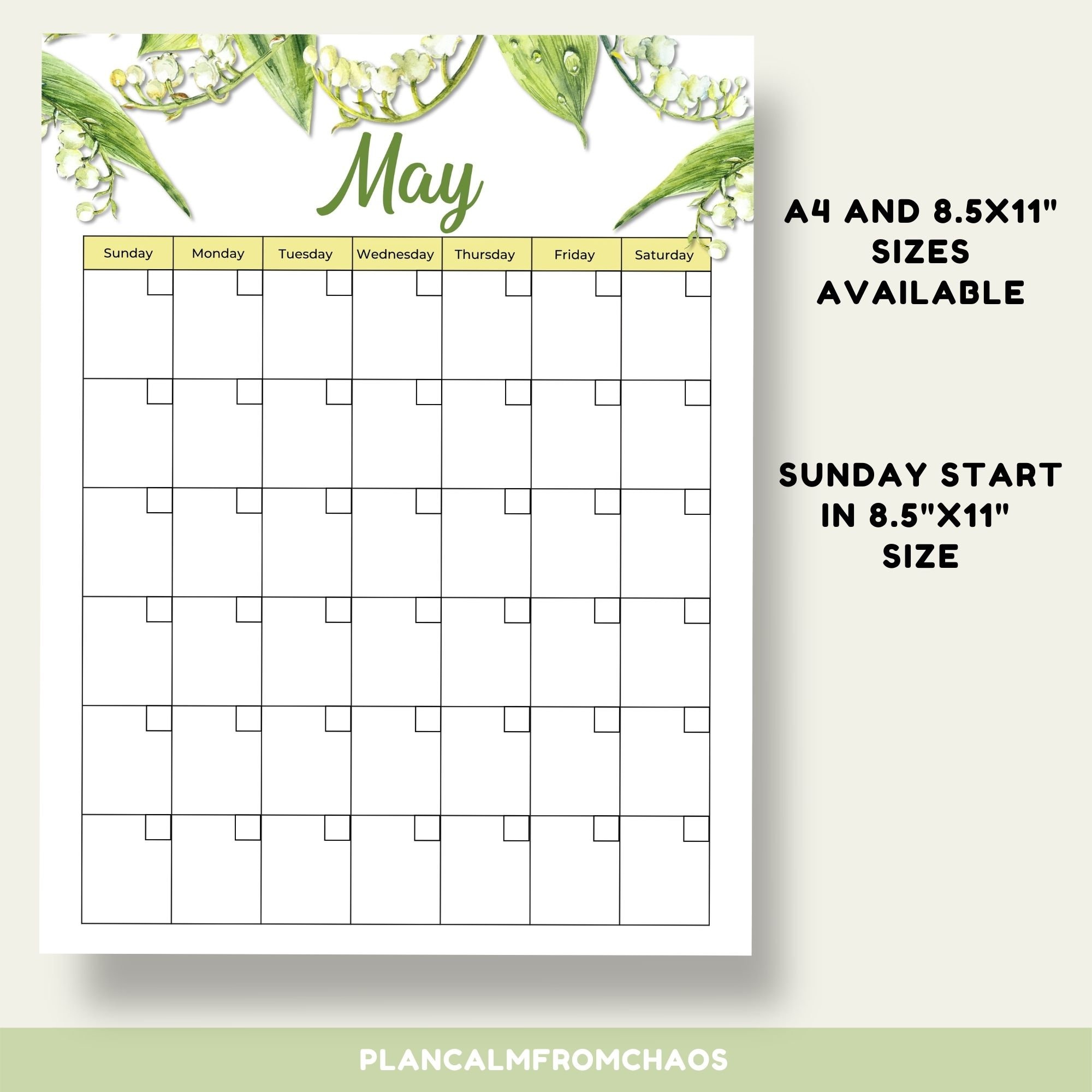 Printable May Monthly Calendar, DIGITAL DOWNLOAD, May Undated Floral ...