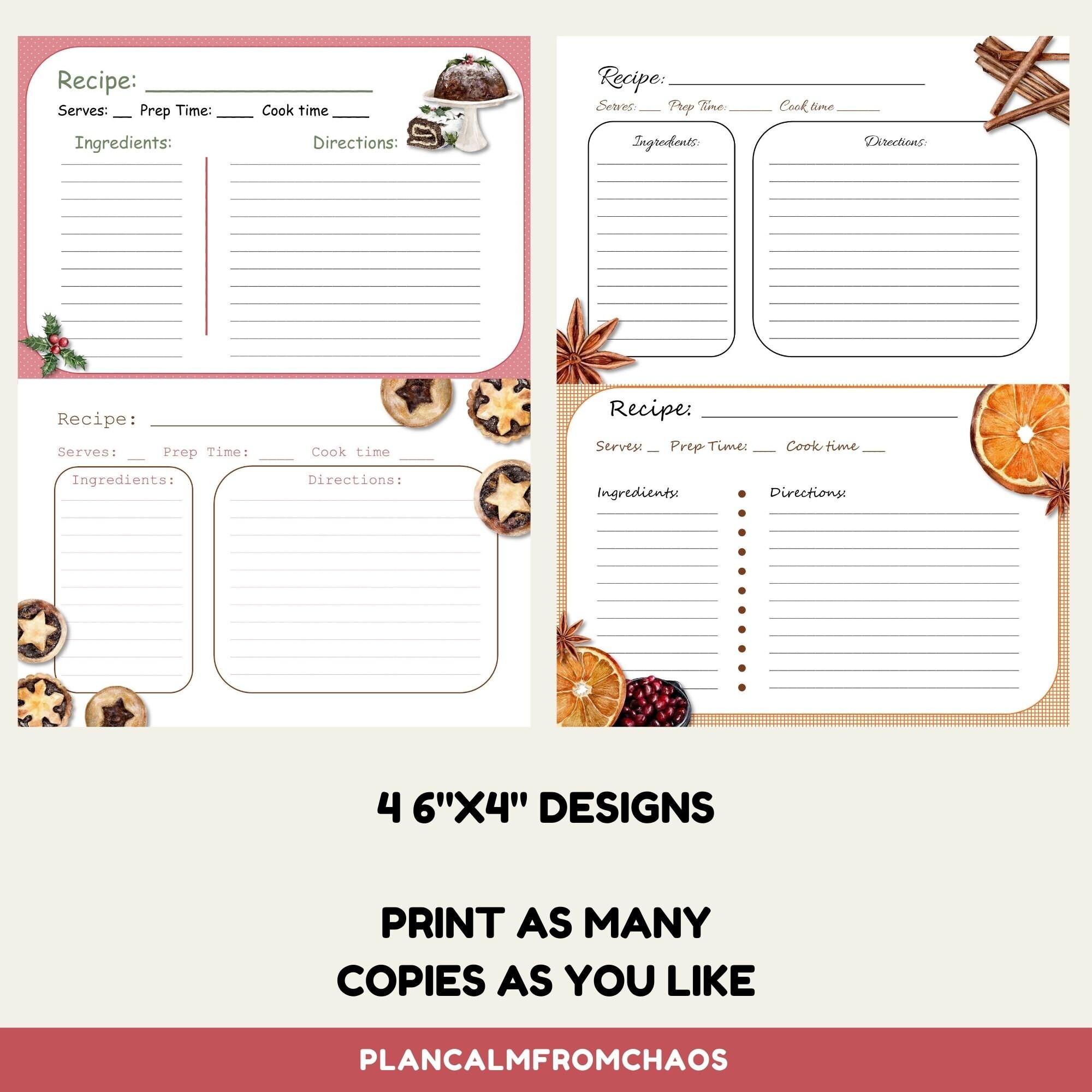 Printable Christmas Recipe Cards: Baking DIY, 4 Designs (digital ...