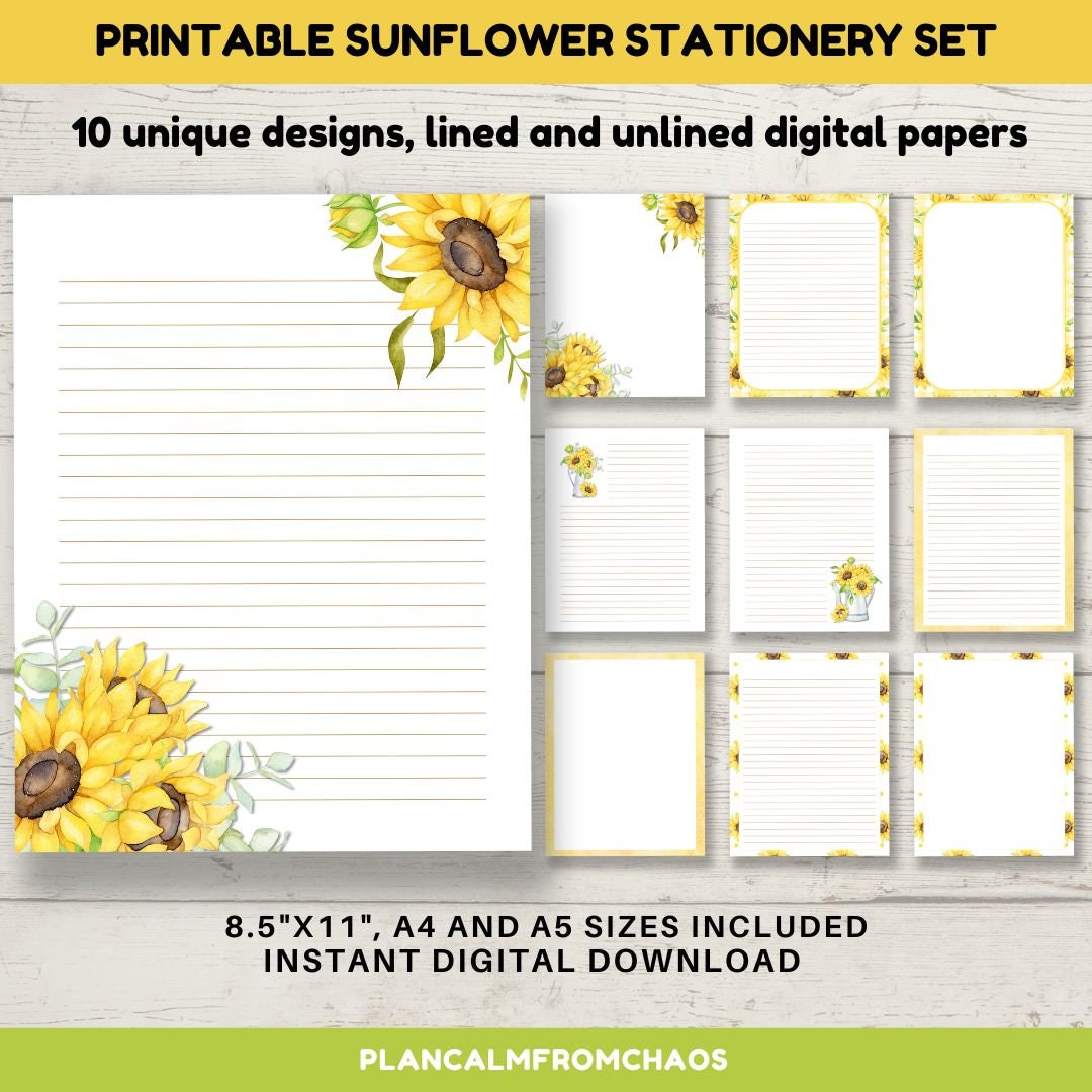 Printable Sunflower Stationery, DIGITAL DOWNLOAD, Printable Writing ...