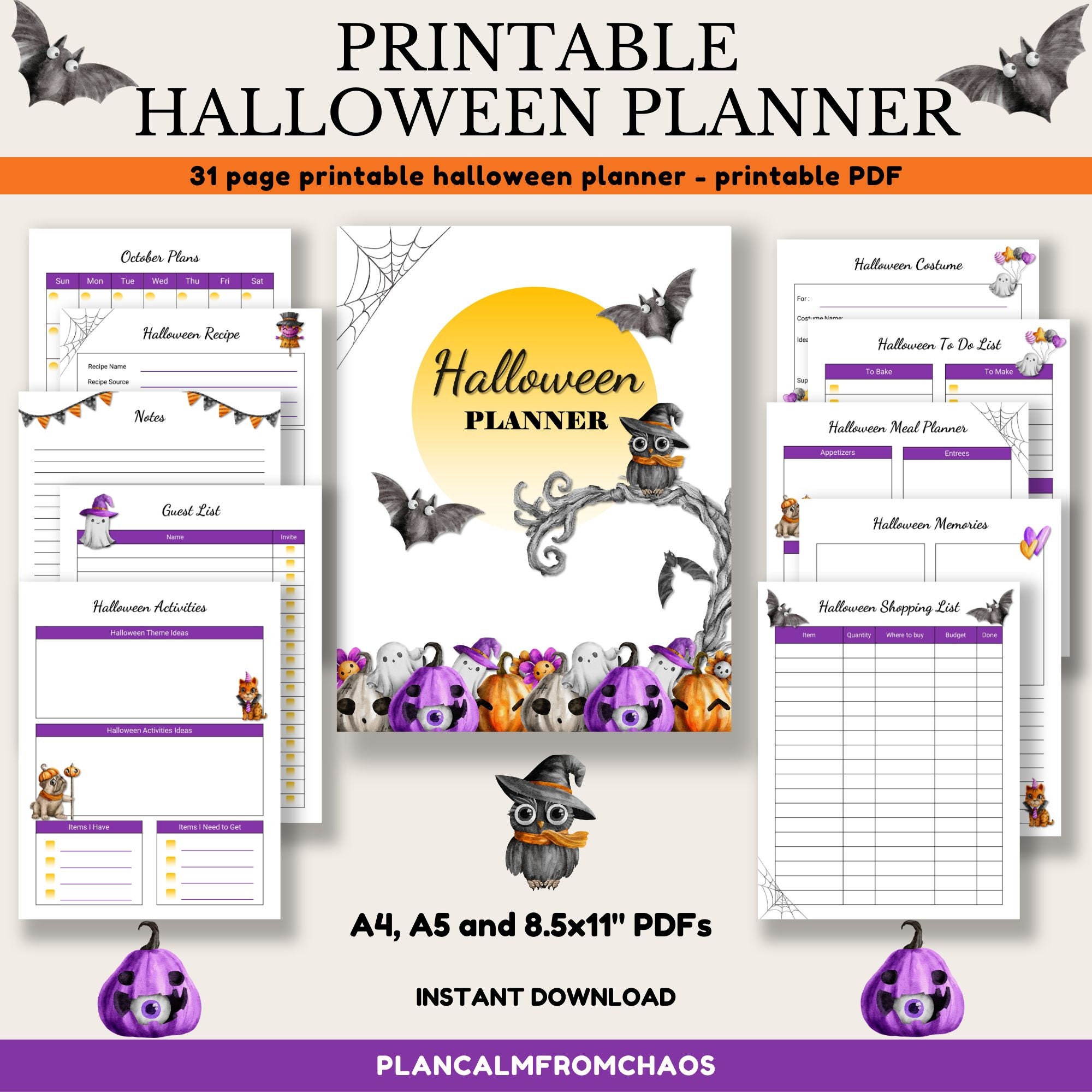 Halloween Planner Printable, DIGITAL DOWNLOAD, 31 Pages Halloween Party ...