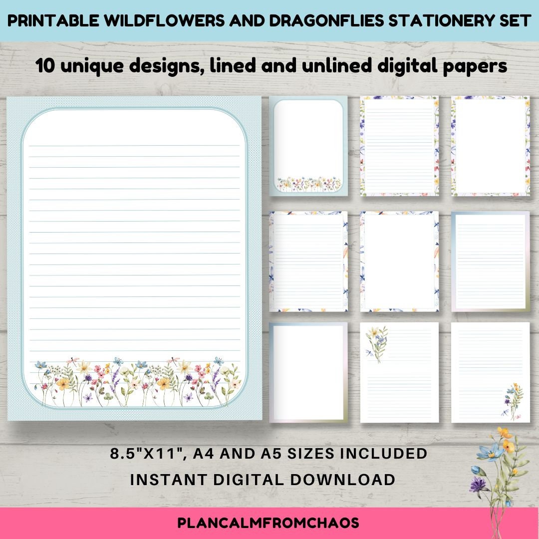 Wildflowers and Dragonflies Printable Stationery, DIGITAL DOWNLOAD ...