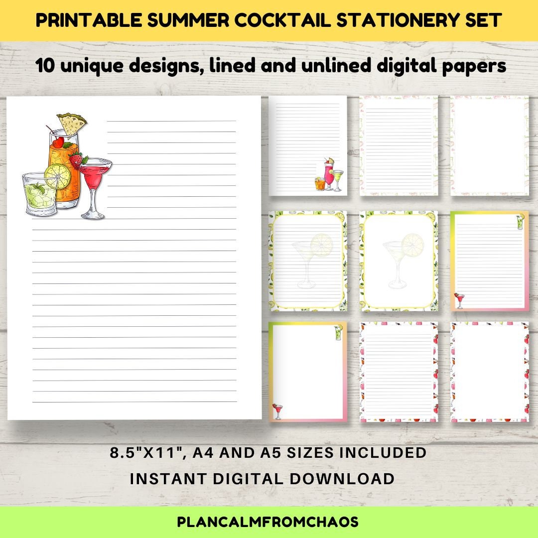 Printable Summer Cocktail Stationery, DIGITAL DOWNLOAD, Printable ...
