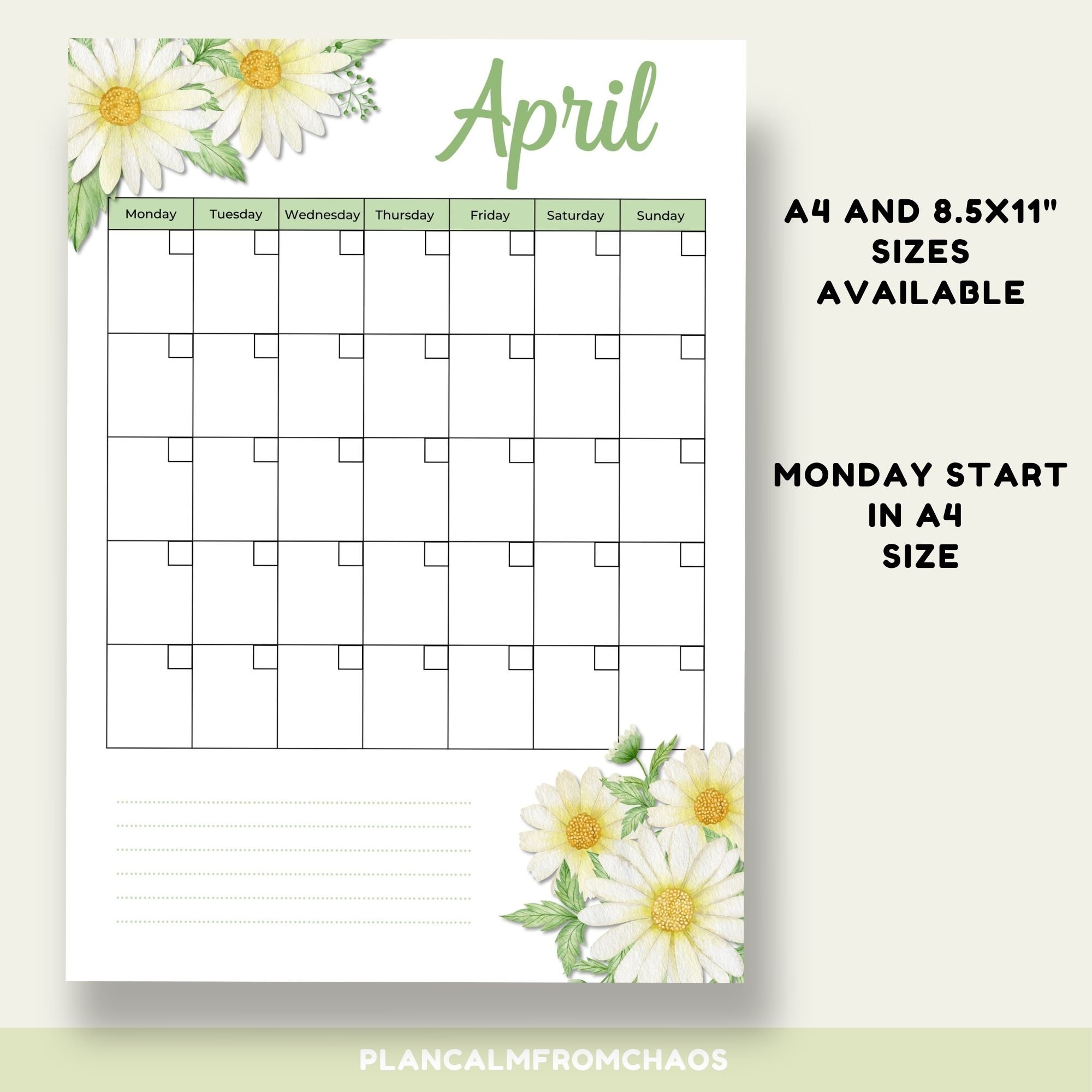 Printable April Monthly Calendar, DIGITAL DOWNLOAD, April Undated ...