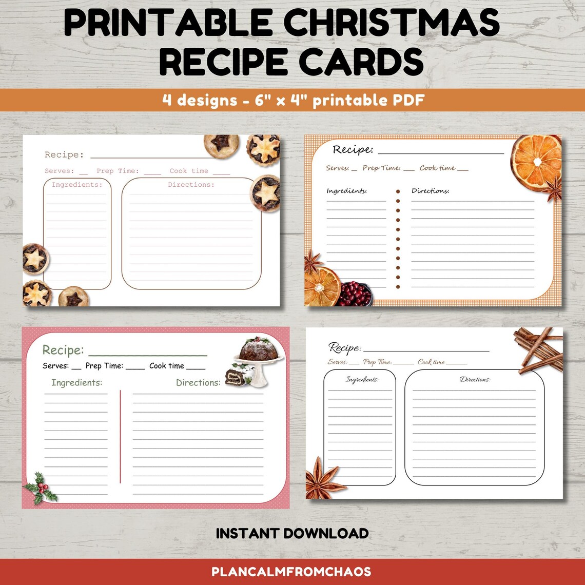 Printable Christmas Recipe Cards, Digital Download, 6x4, 4 Christmas ...