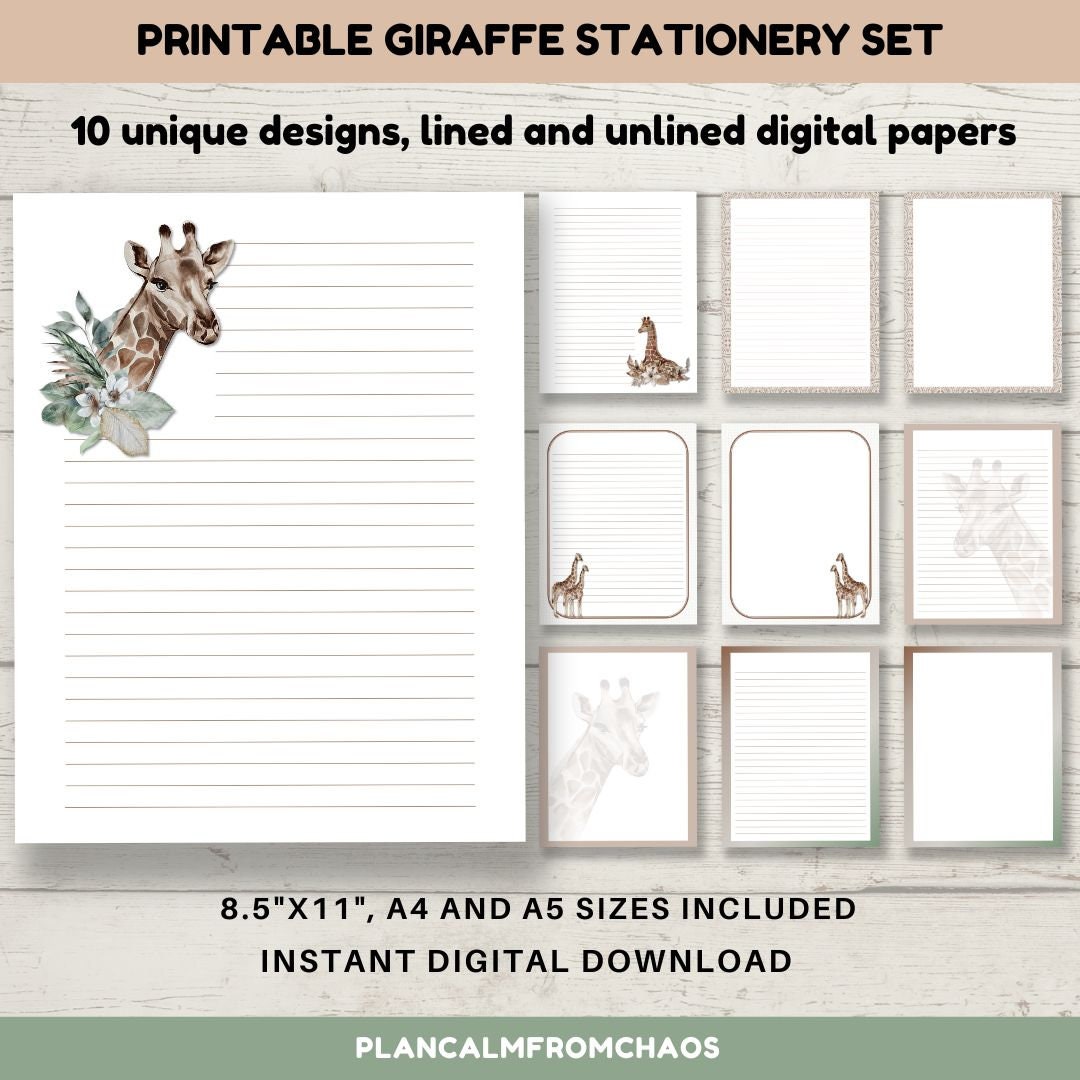 Printable Giraffe Stationery, DIGITAL DOWNLOAD, Printable Writing Paper ...