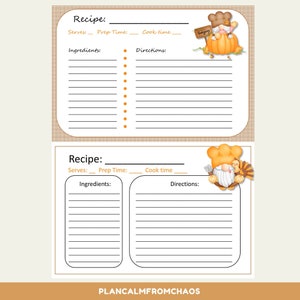 Printable Thanksgiving Gnome Recipe Cards, Digital Download 6"x4", 4 ...