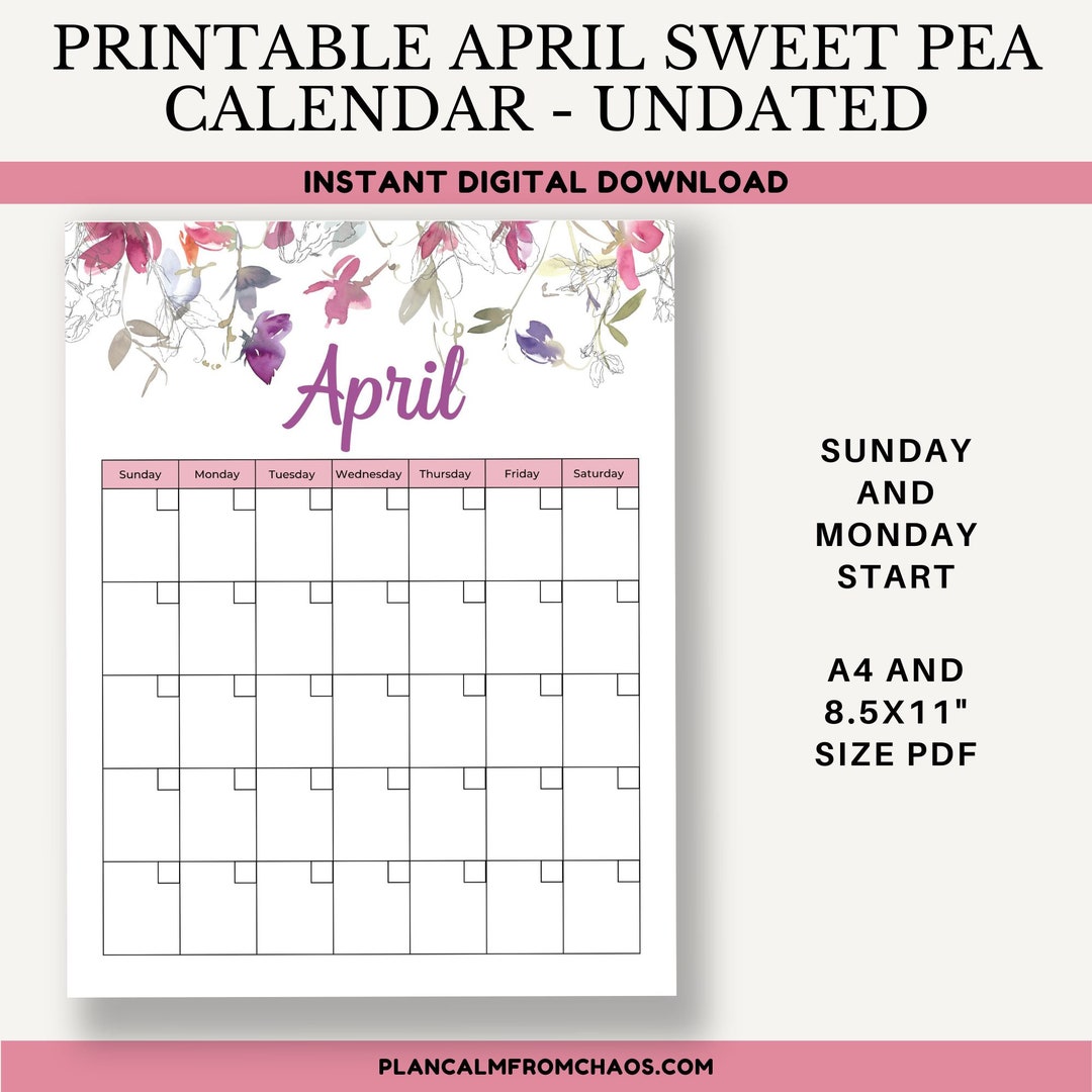 Printable April Monthly Calendar, DIGITAL DOWNLOAD, April Undated ...