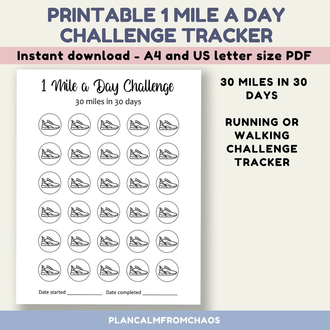 1 Mile a Day - 30 Day Challenge Tracker Printable. DIGITAL DOWNLOAD. 1 ...