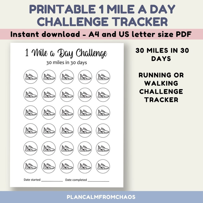 1 Mile a Day - 30 Day Challenge Tracker Printable. DIGITAL DOWNLOAD. 1 ...