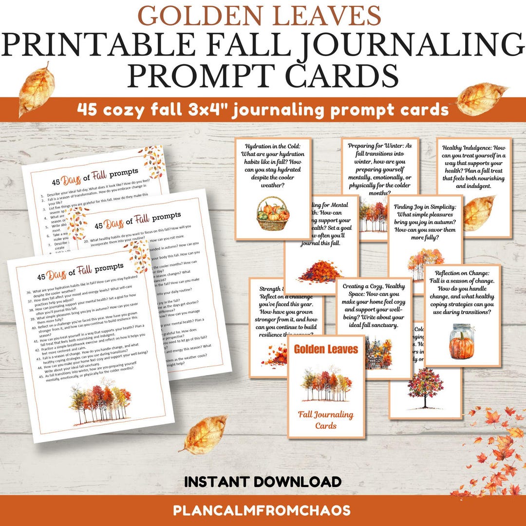 Golden Leaves Fall Journal Prompt Cards: 45 Cozy Prompts (digital ...