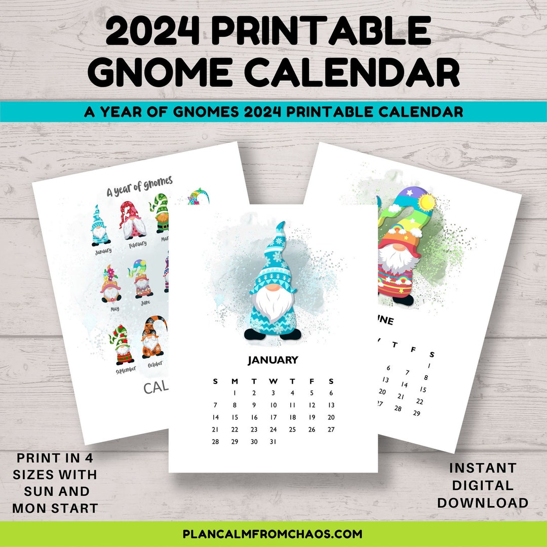 2024 Printable Gnome Calendar, DIGITAL DOWNLOAD, US Letter, A4, 7x5 and ...