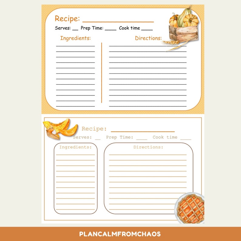Printable Thanksgiving Recipe Cards, Digital Download, 6x4, 4 ...