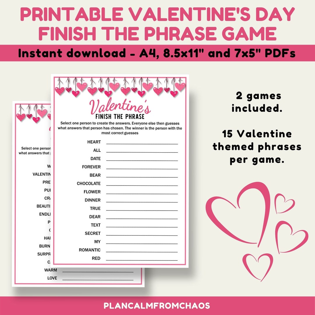 Valentines Day Printable Games, Finish the Phrase, DIGITAL DOWNLOAD ...