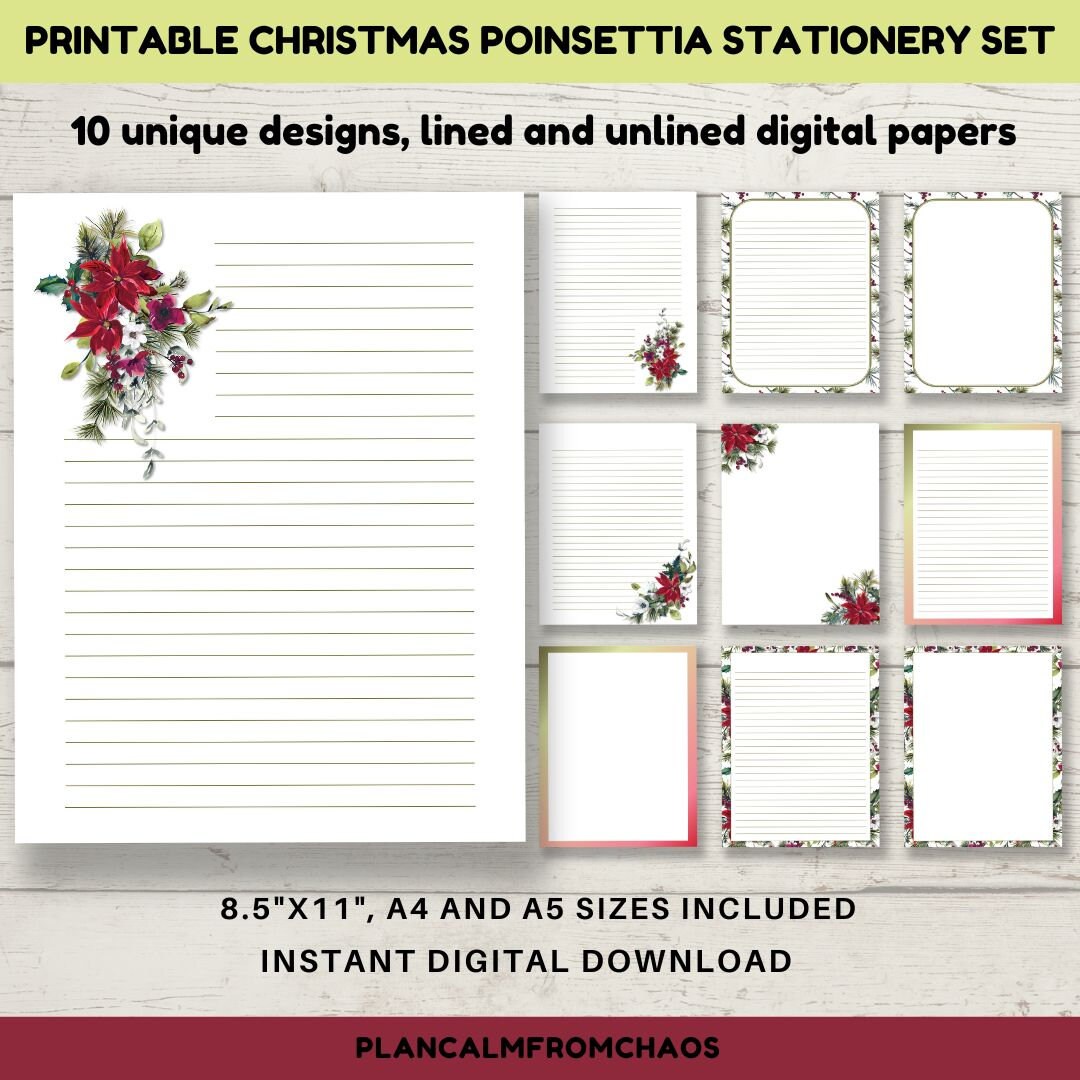 Printable Christmas Poinsettia Stationery, DIGITAL DOWNLOAD, Printable ...