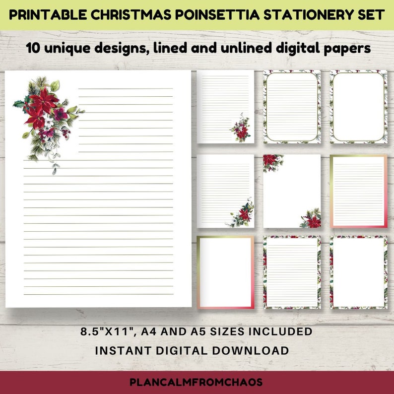Printable Christmas Poinsettia Stationery DIGITAL DOWNLOAD - Etsy UK