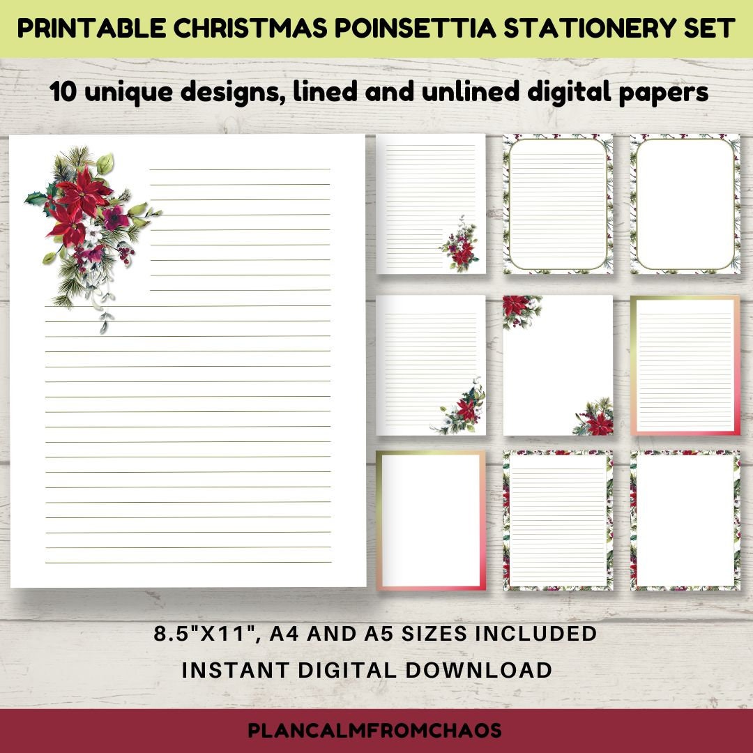 Printable Christmas Poinsettia Stationery, DIGITAL DOWNLOAD, Printable ...