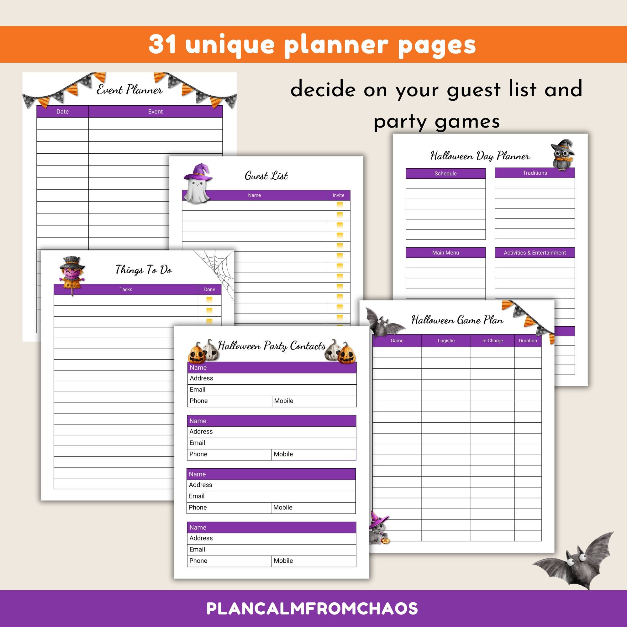Halloween Planner Printable, DIGITAL DOWNLOAD, 31 Pages Halloween Party ...