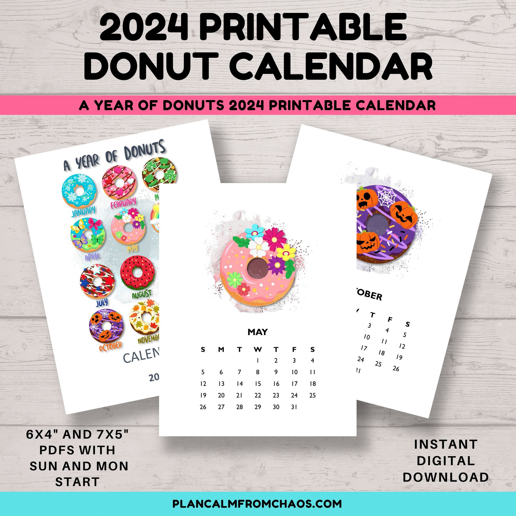 Donut Monthly 2024 Desk Calendar, Printable DIGITAL DOWNLOAD, Fun Donut ...