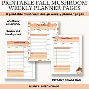 Printable Weekly Planner Page, DIGITAL DOWNLOAD, Fall Mushroom Design ...