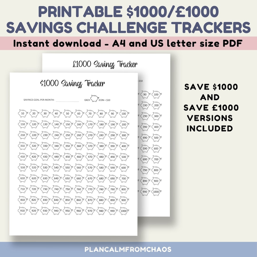 1K Savings Tracker Printable. DIGITAL DOWNLOAD. Printable 1000 Savings ...