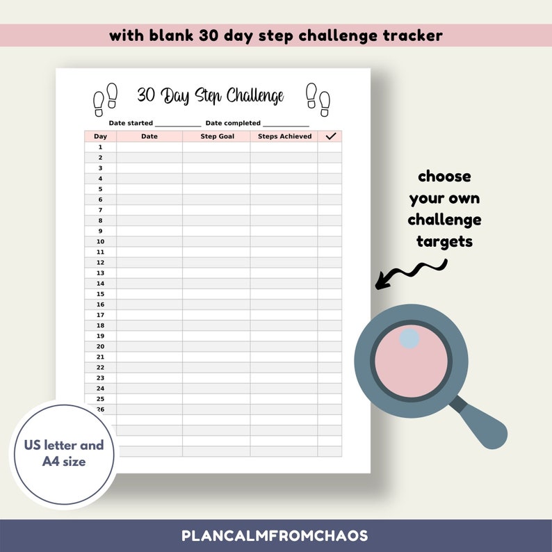 30 Day Challenge Step Tracker Printables. DIGITAL DOWNLOAD. Track Your ...