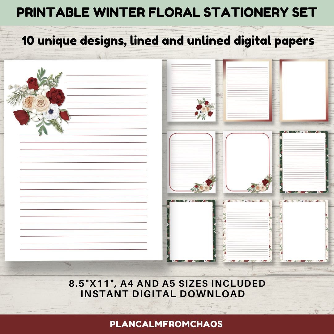 Printable Winter Floral Stationery Set, DIGITAL DOWNLOAD, Printable ...