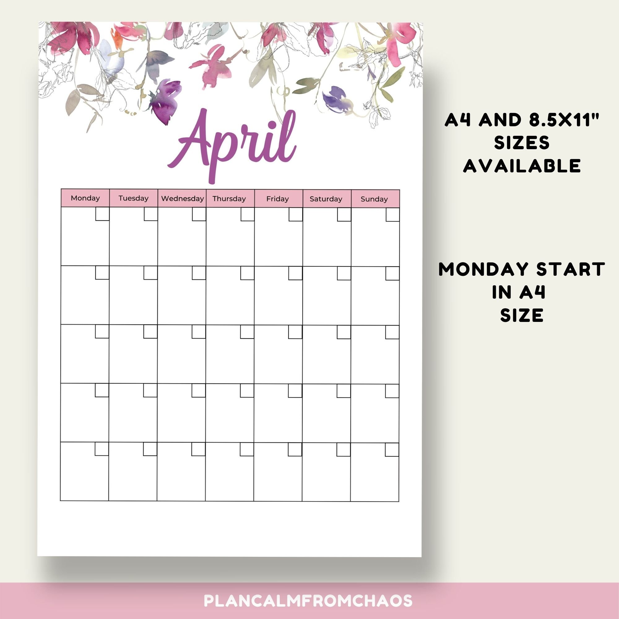Printable April Monthly Calendar, DIGITAL DOWNLOAD, April Undated ...