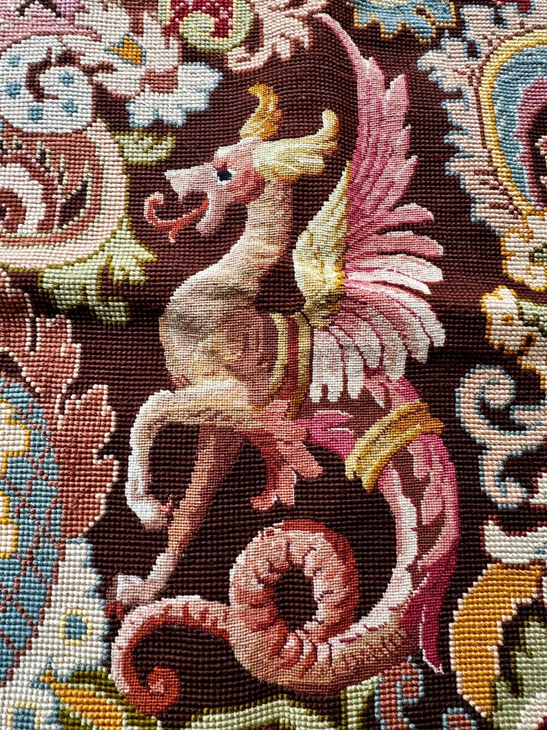 Vintage 1950s-1960s French Needlepoint With Griffin and Floral Motif ...