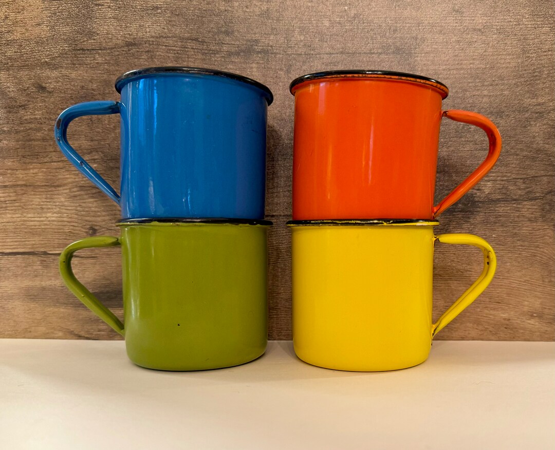 Set of Four Vintage OTO Japan Enamelware Mug Orange Green Blue Outdoor ...
